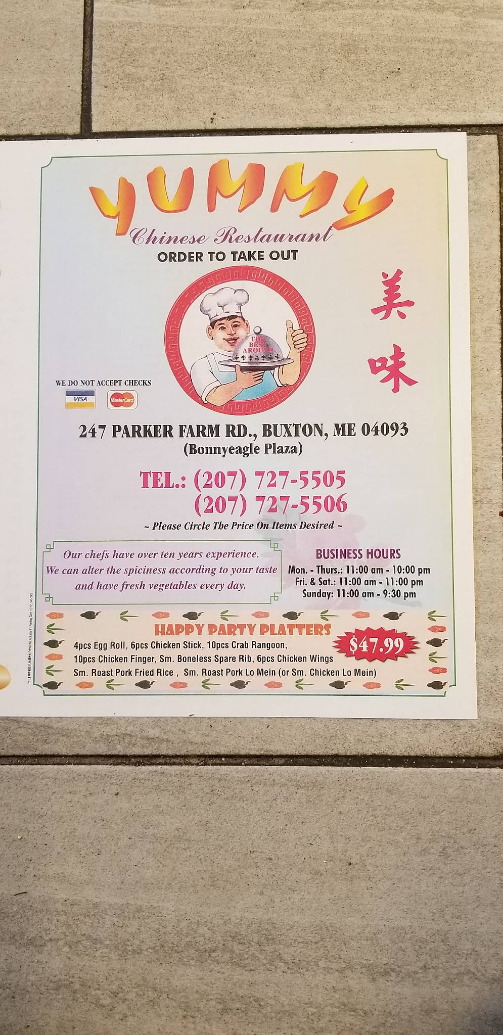 Menu at Yummy restaurant, Buxton