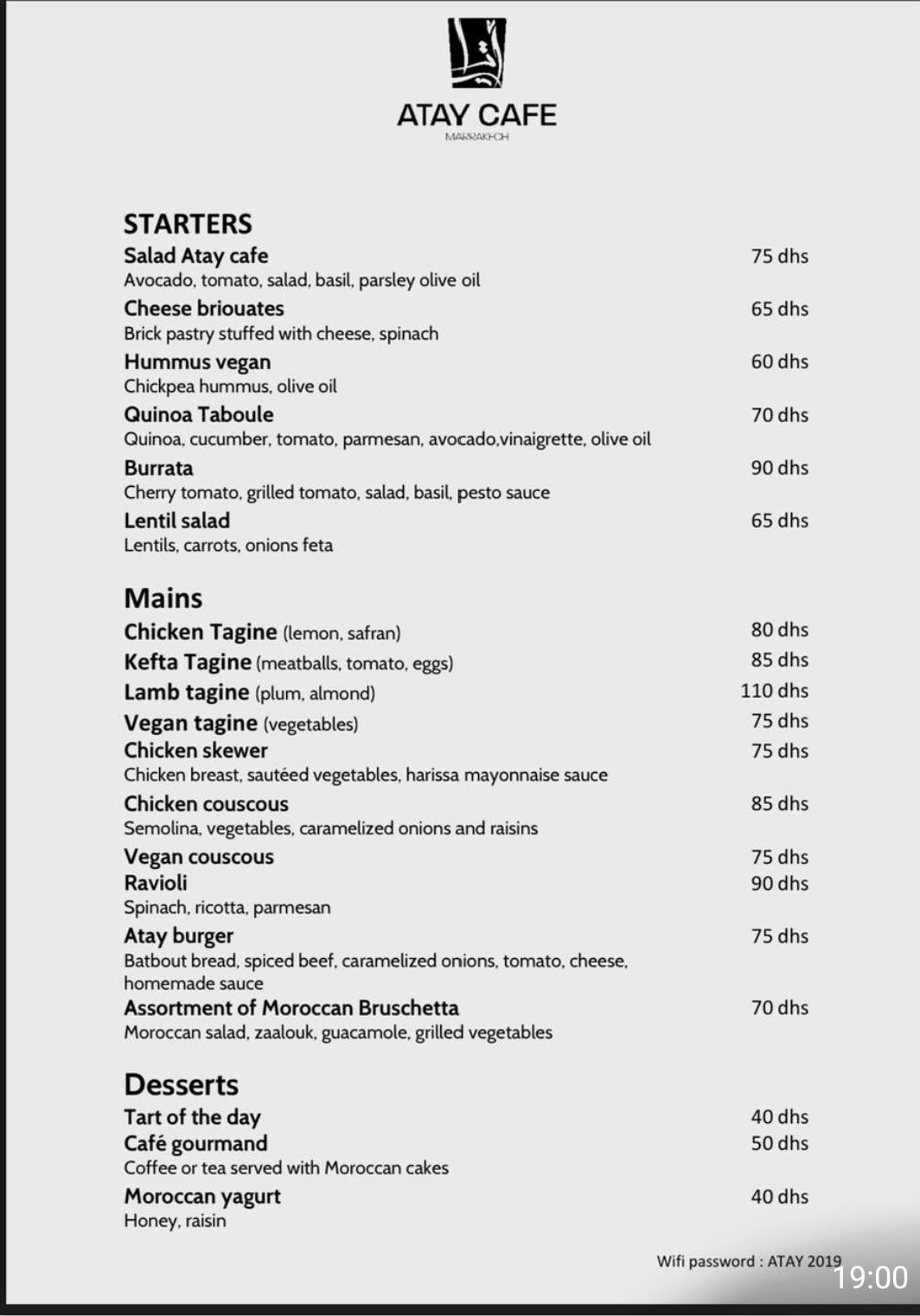 Menu au Atay Cafe, Marrakech