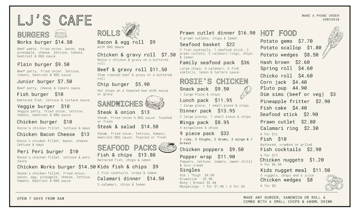 Menu at LJ's Cafe, Anna Bay