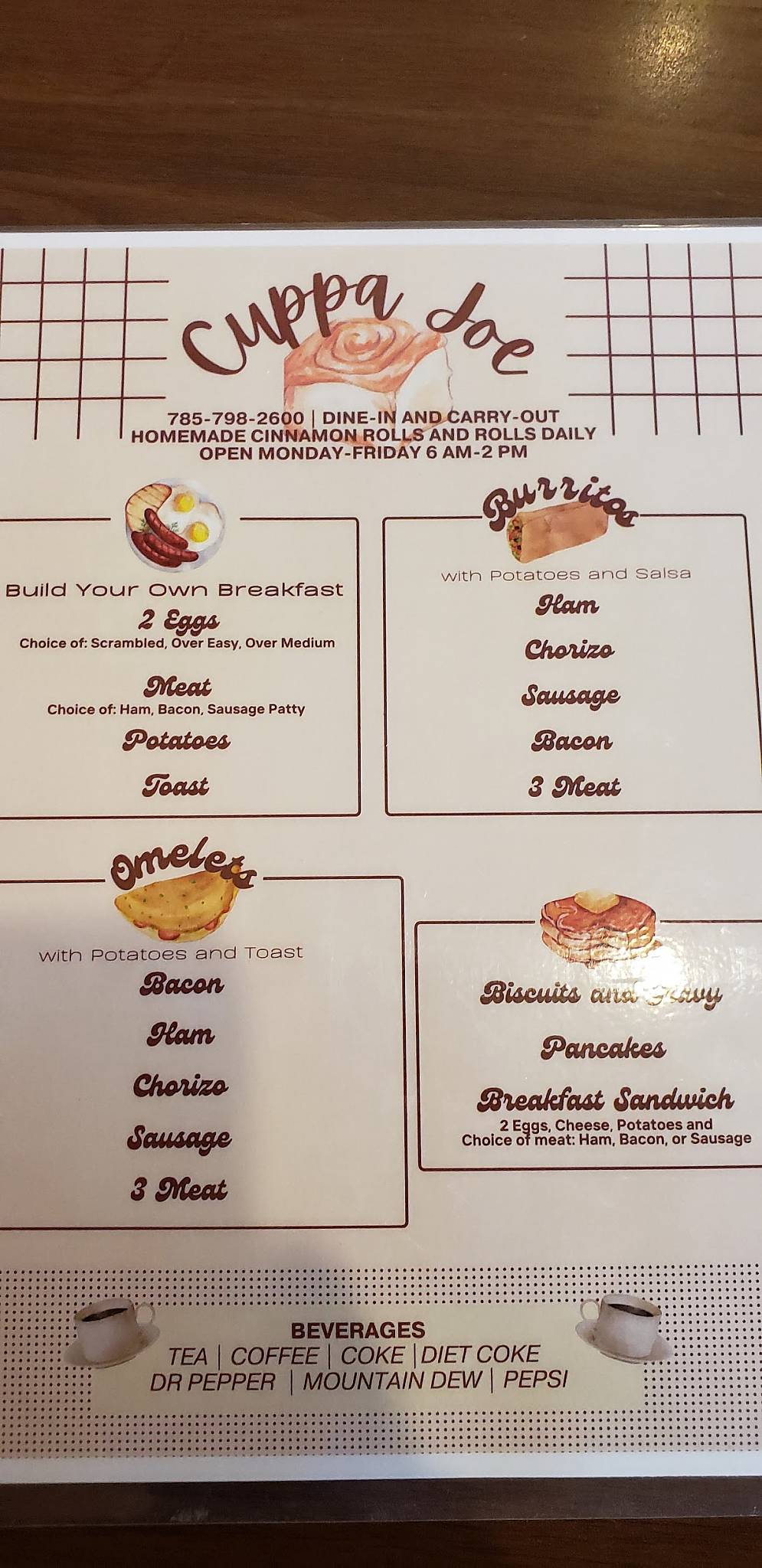 Menu at Cuppa Joe restaurant, Ness City, 108 Sycamore St