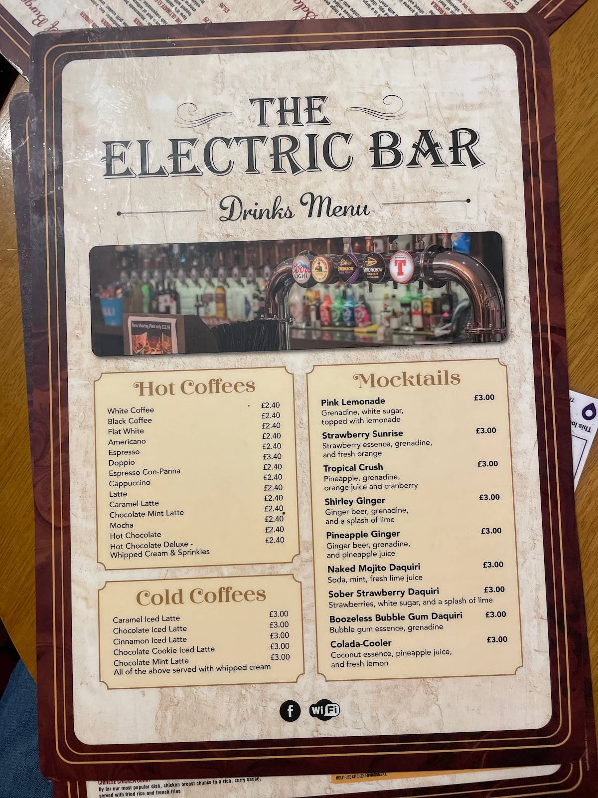 Menu at Electric Bar, Motherwell