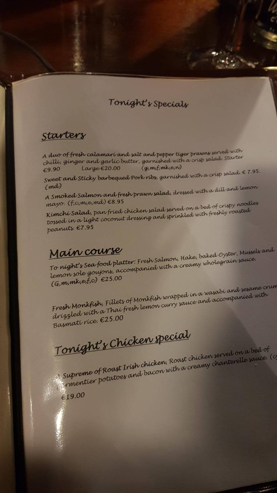 Menu at Grogan's pub & bar, Athlone, Glasson