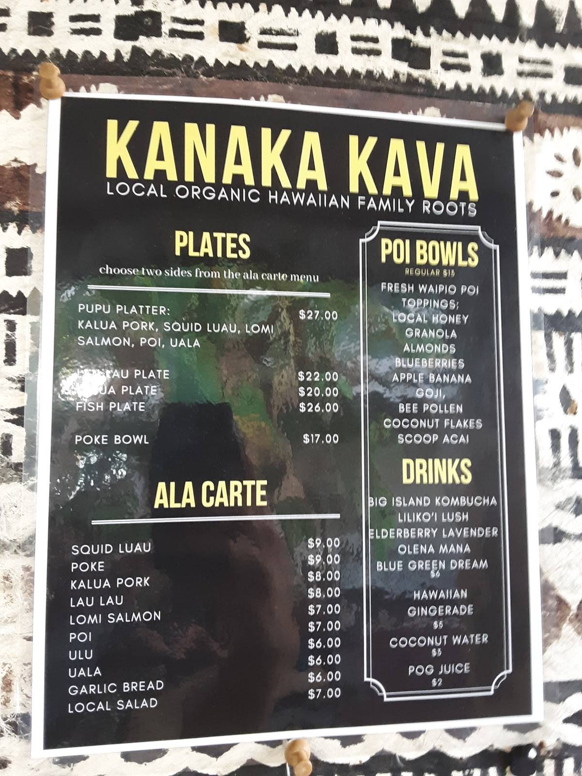 Menu at Kanaka Kava pub & bar, Kailua-Kona