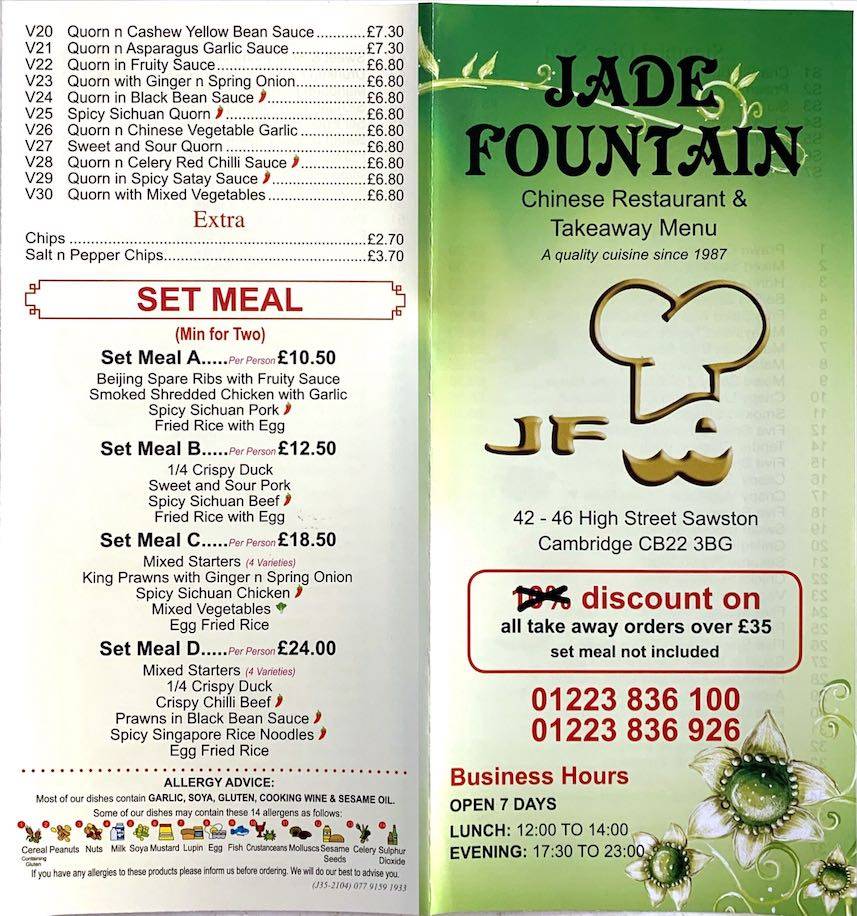 Menu at Jade Fountain restaurant, Sawston