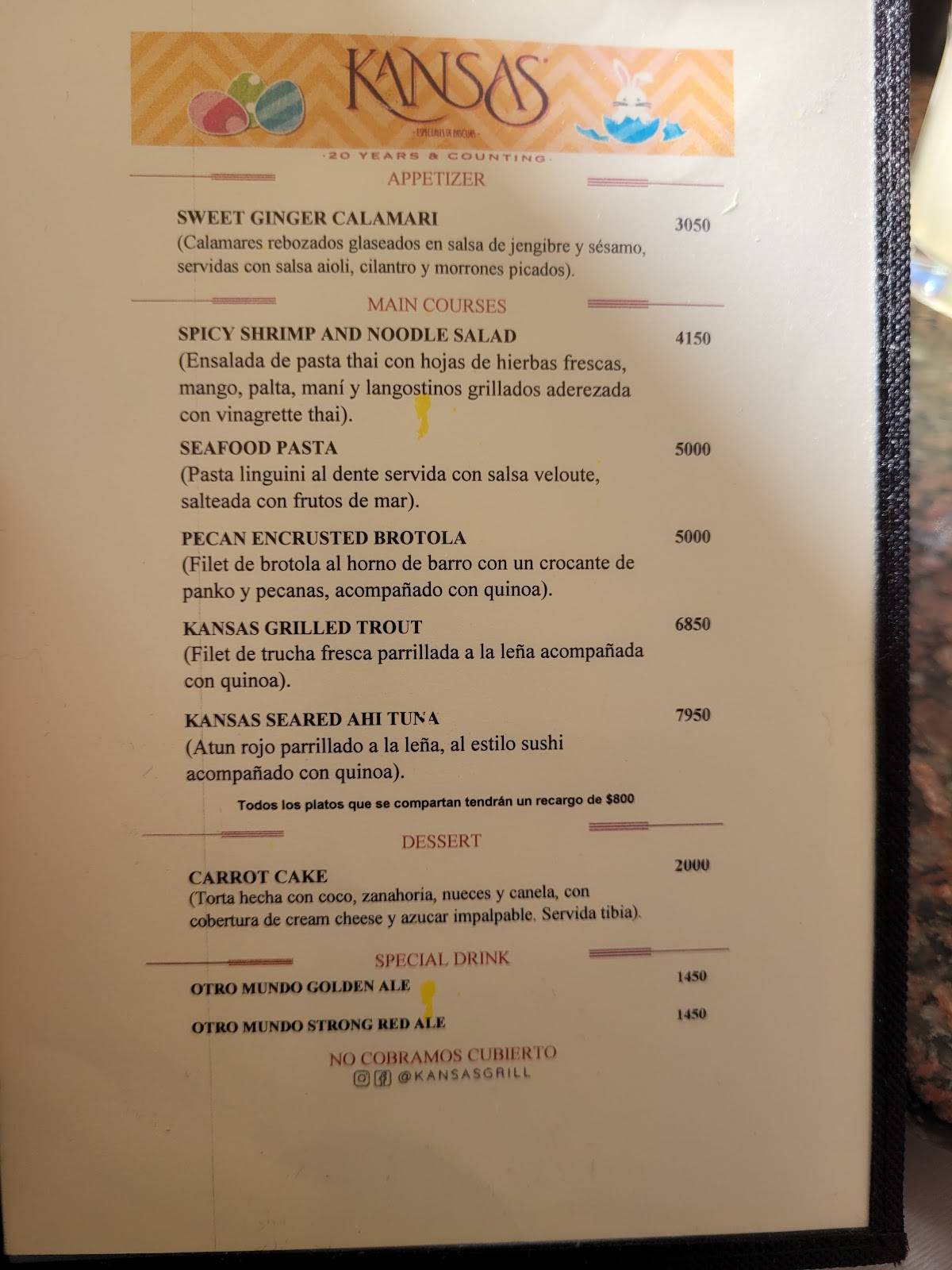 Carta del restaurante Kansas, San Isidro, Av. del Libertador 15089