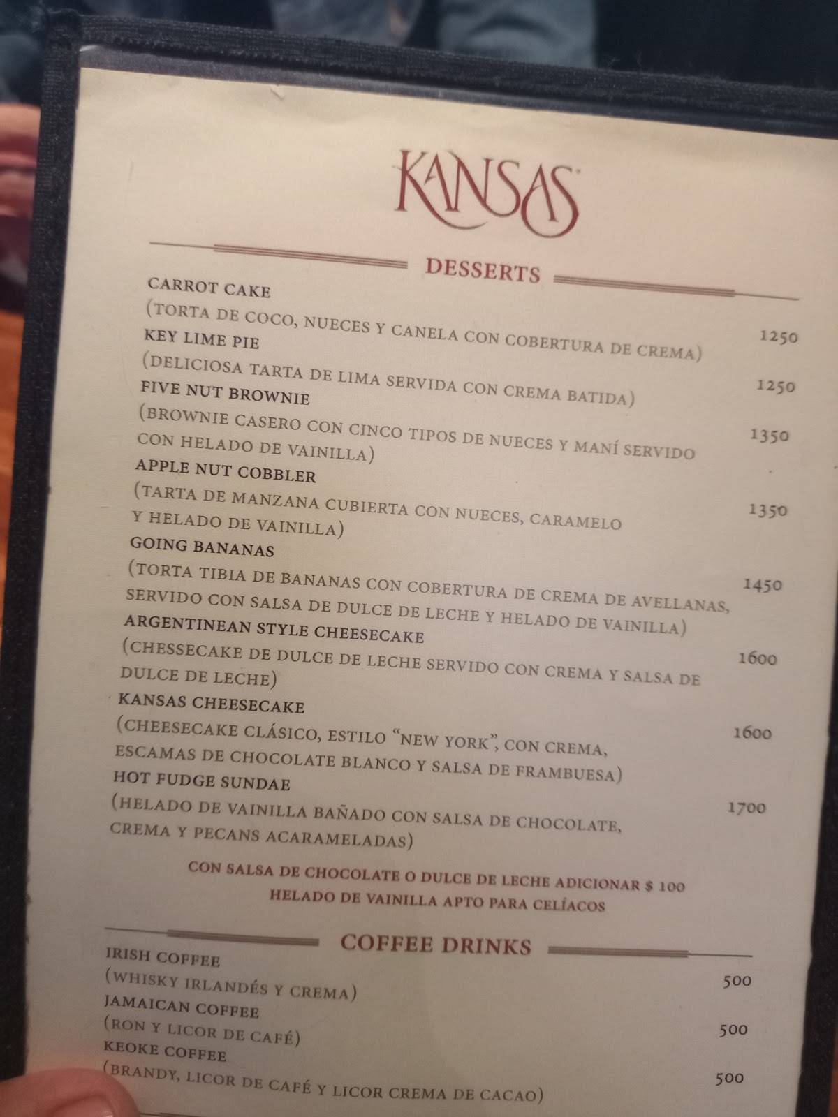 Carta del restaurante Kansas, San Isidro, Av. del Libertador 15089