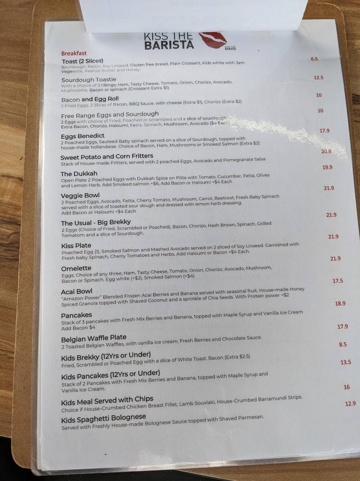 Menu at Kiss The Barista, Sandringham
