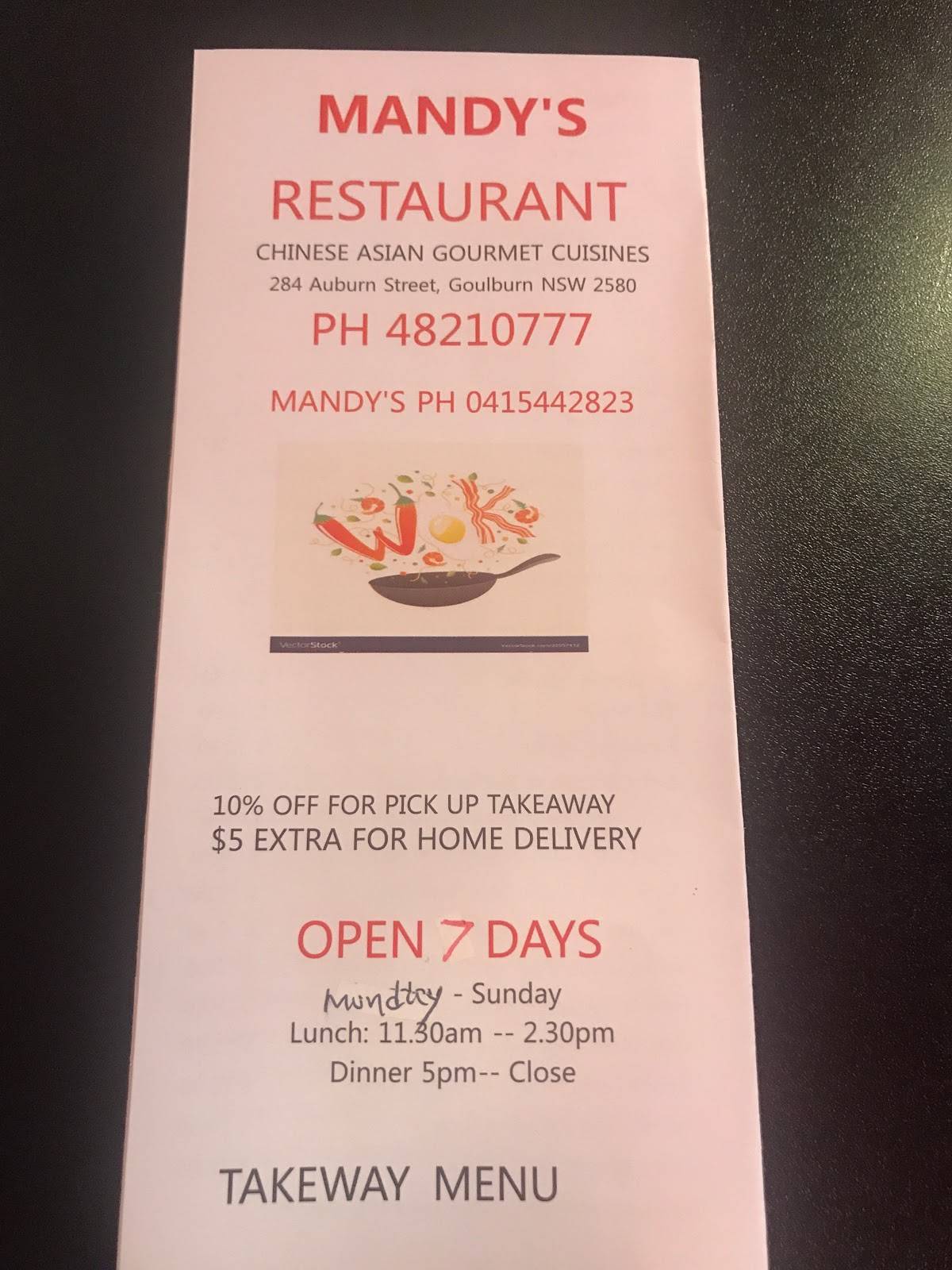 Menu at Mandy's Restaurant, Goulburn