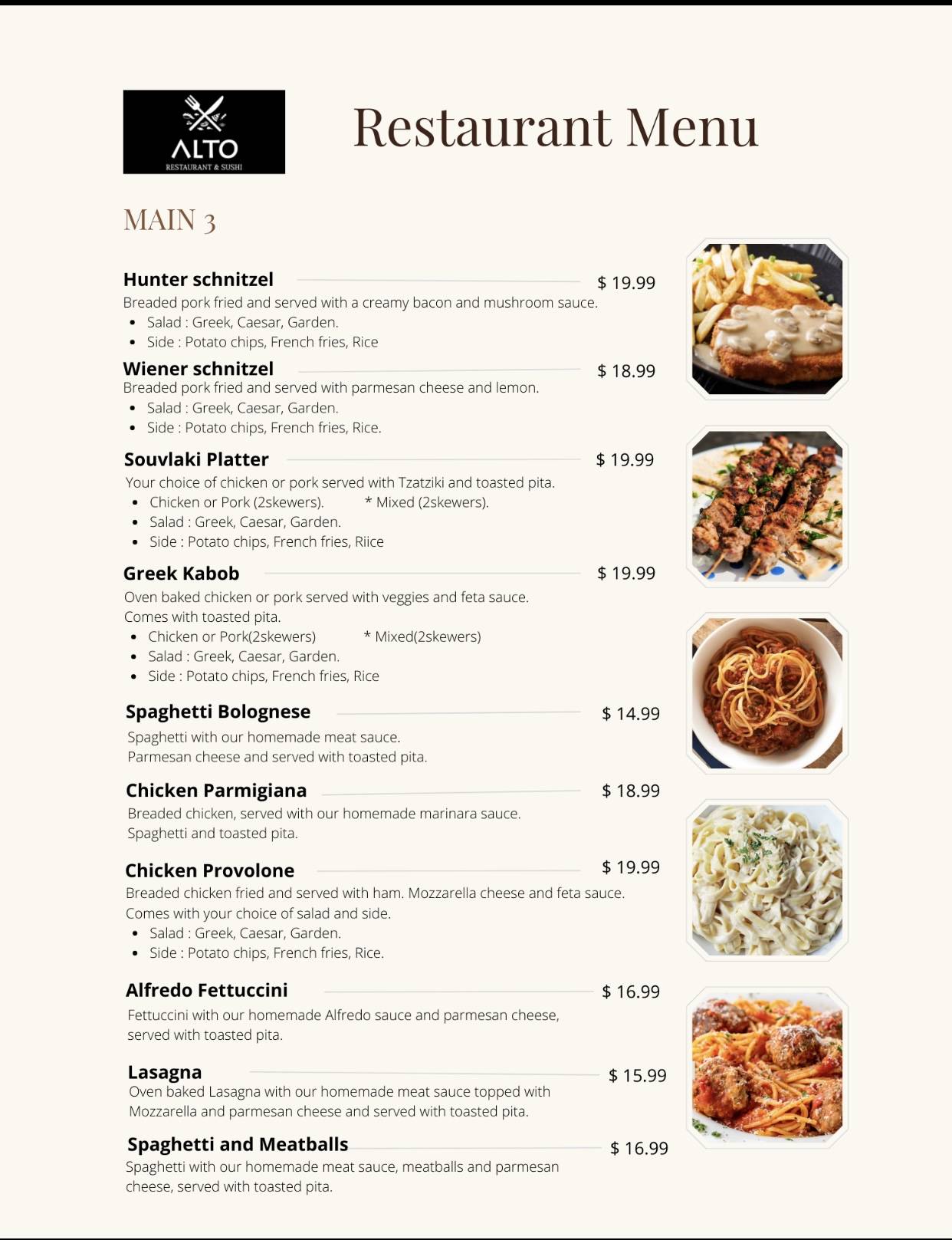 Menu at Alto Pizza & SuShi restaurant, Riverview