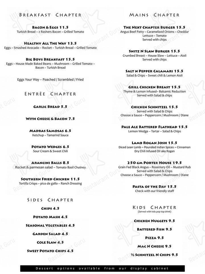 Menu at Next Chapter Gourmet Cafe, Oaklands Park