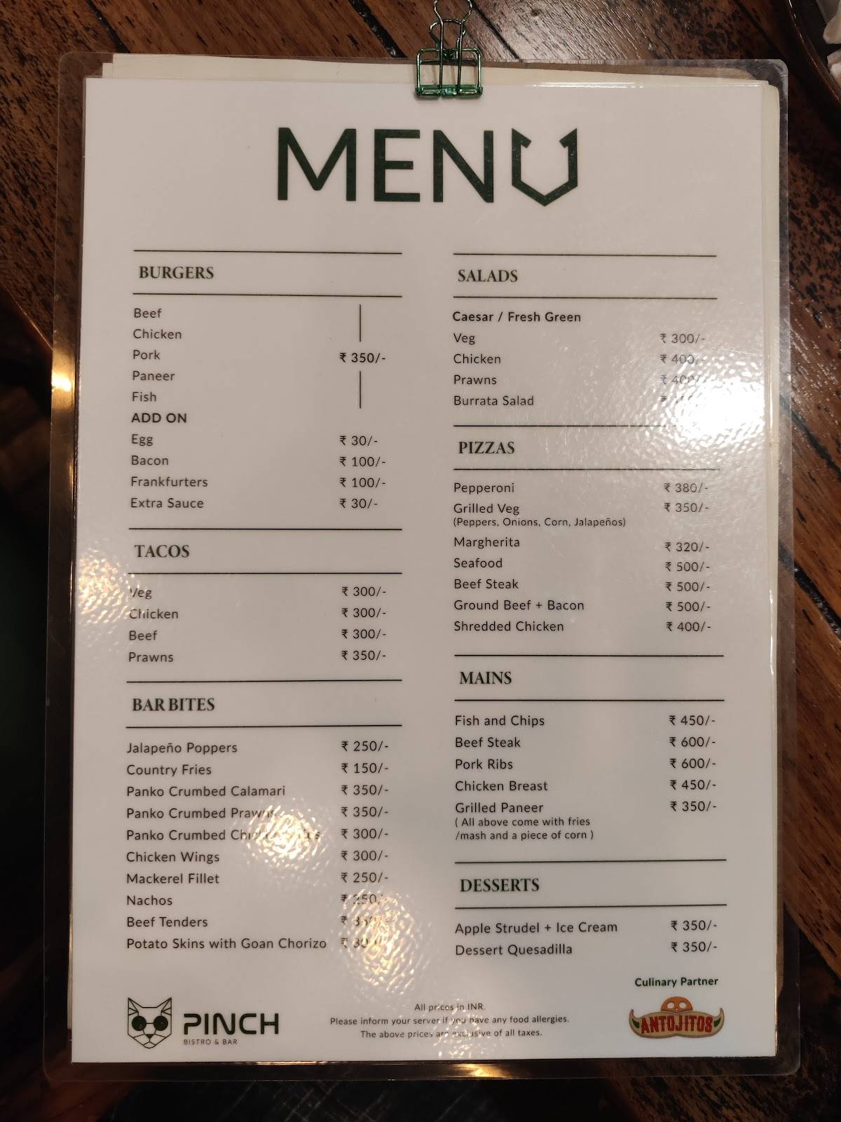 Menu at Pinch Bistro & Bar, Panaji