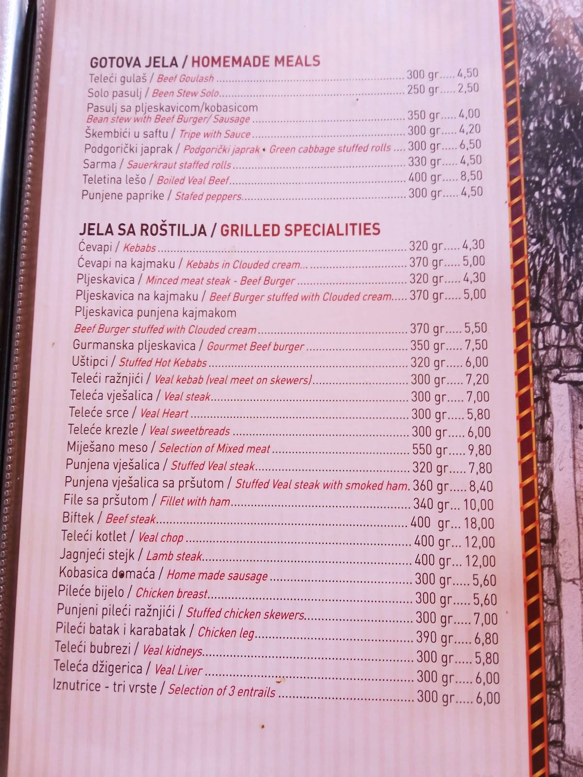 Menu at Pod Volat restaurant, Podgorica