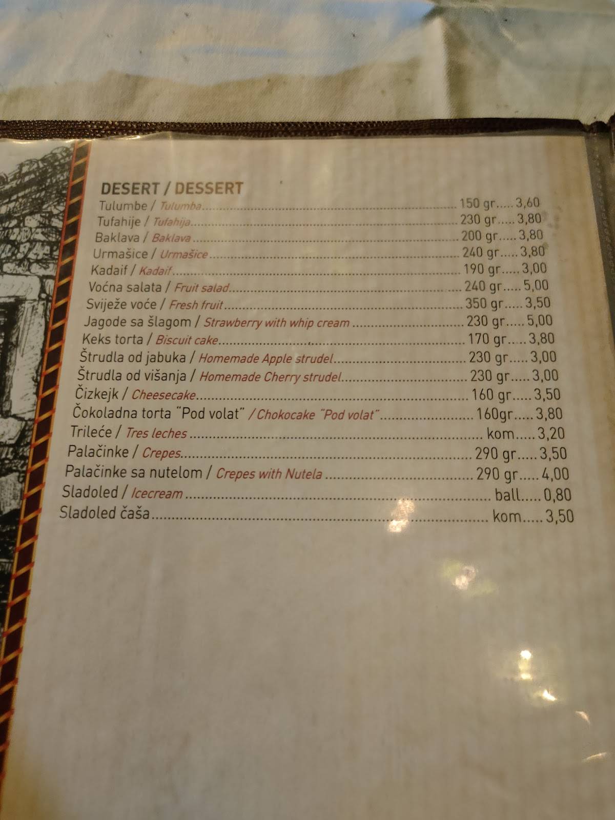 Menu at Pod Volat restaurant, Podgorica