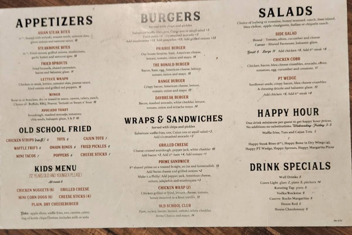 Menu at Prairie Tavern pub & bar, Brush Prairie