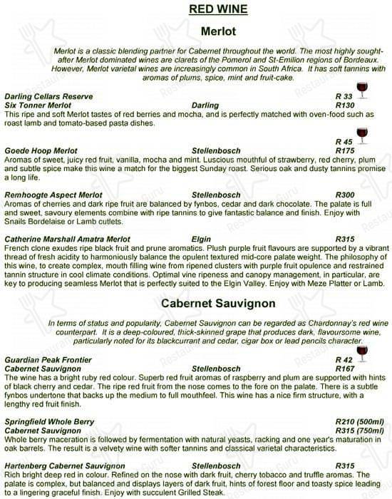 Menu at The Blue Crane Restaurant and Bar, Pretoria