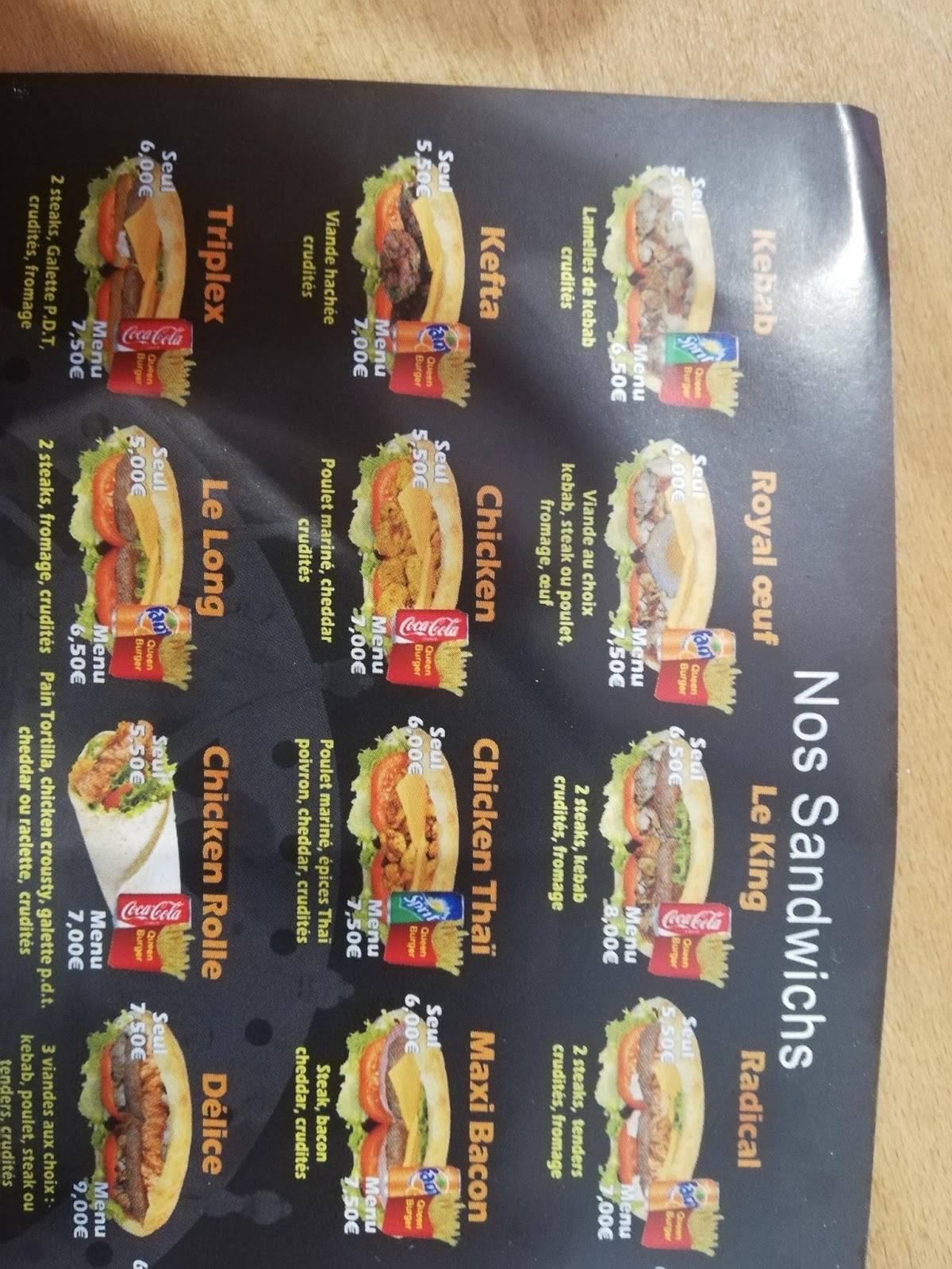 Menu au Queen Burger kebab restaurant, Bouguenais