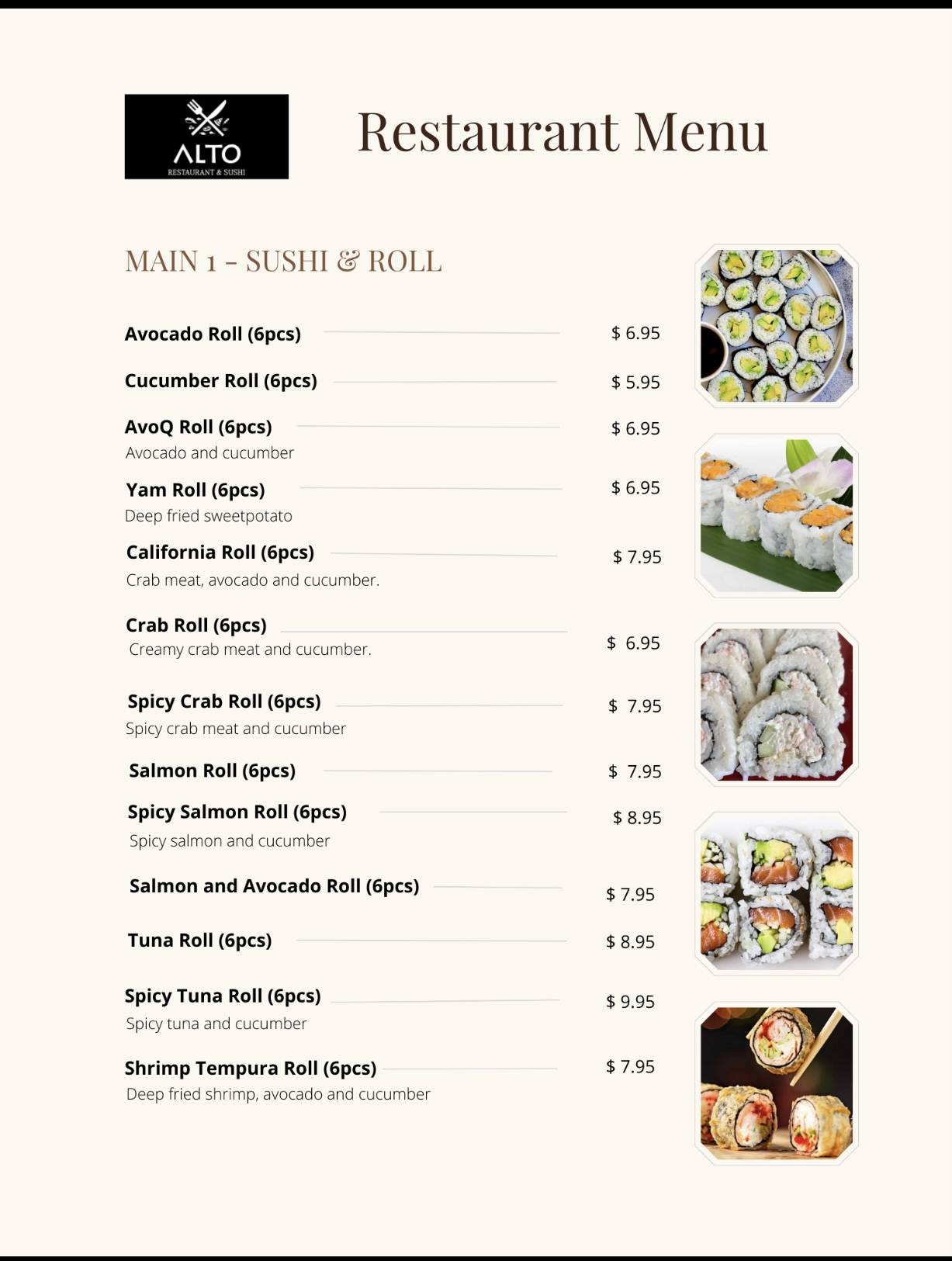 Menu at Alto Pizza & SuShi restaurant, Riverview