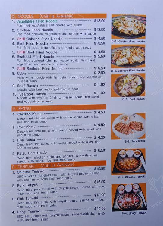Menu at Asahi sushi restaurant, Warkworth
