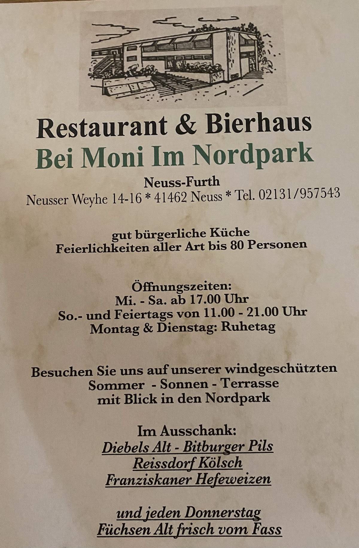 Speisekarte von Bei Moni Im Nordpark Restaurant, Neuss
