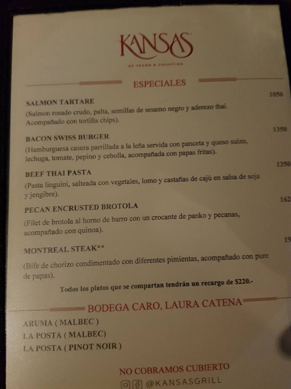 Carta del restaurante Kansas, San Isidro, Av. del Libertador 15089
