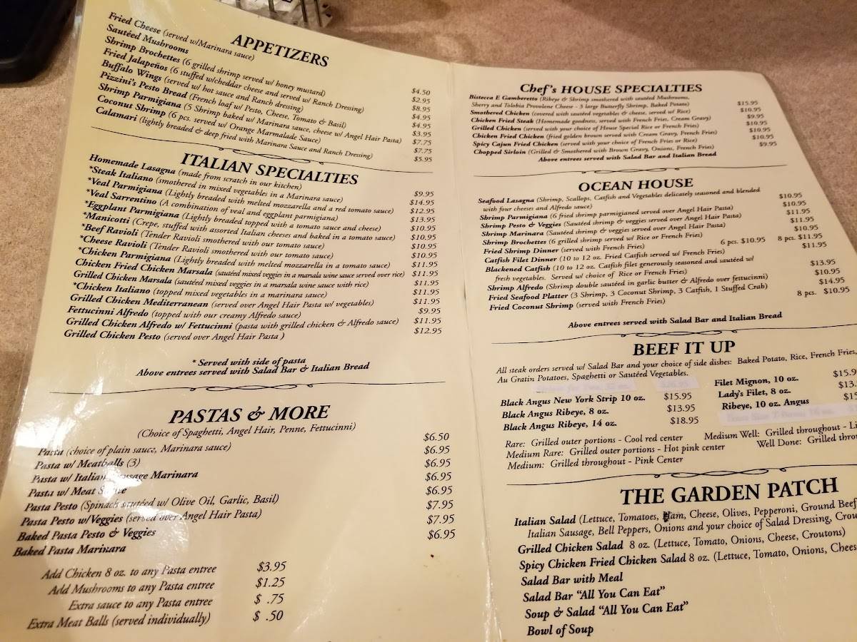 Menu at Pizzini's Italian Restaurant, Houston