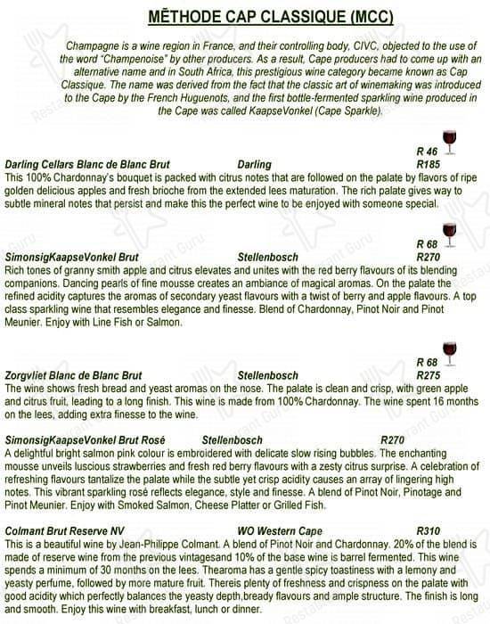 Menu at The Blue Crane Restaurant and Bar, Pretoria