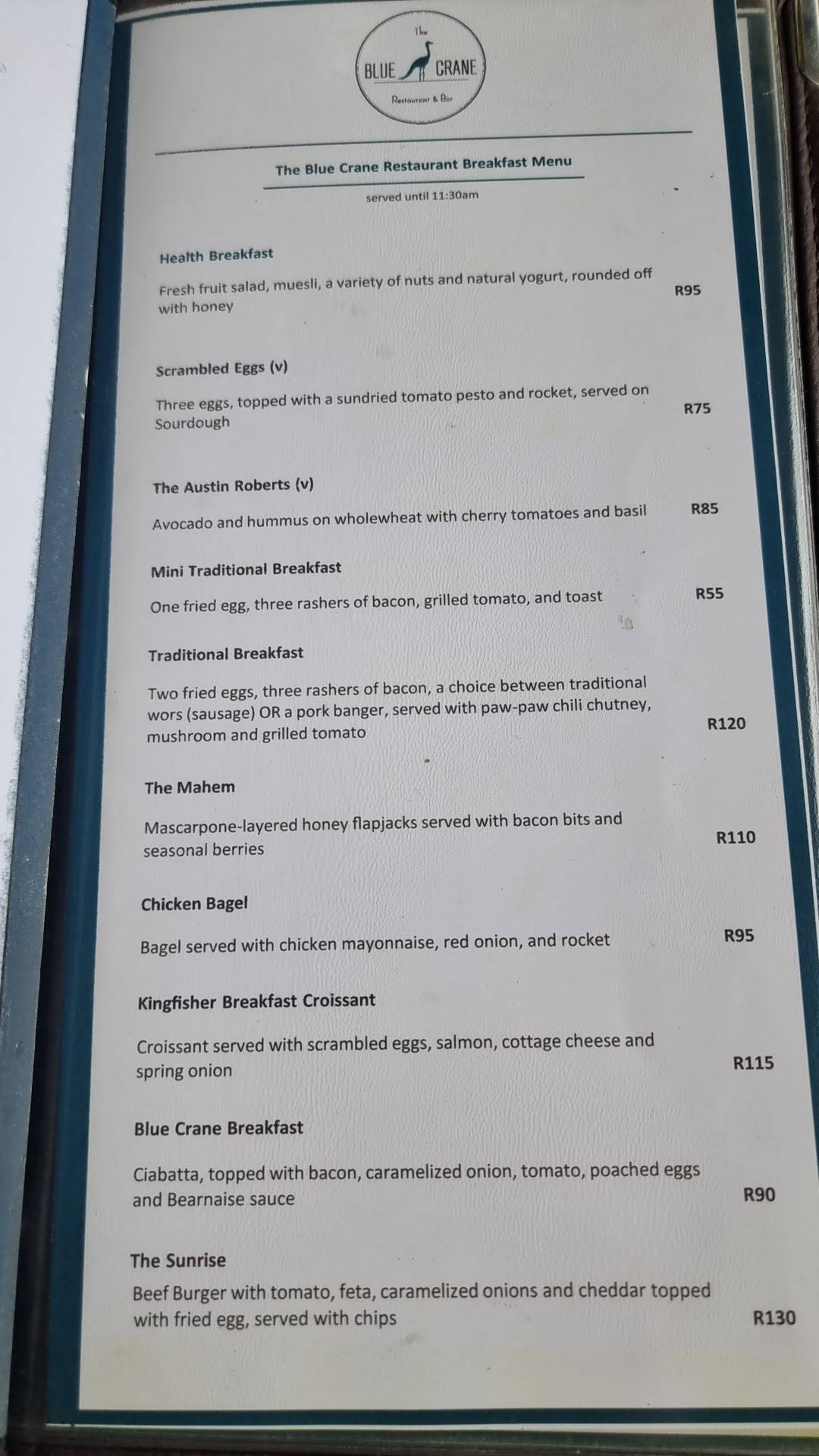 Menu at The Blue Crane Restaurant and Bar, Pretoria