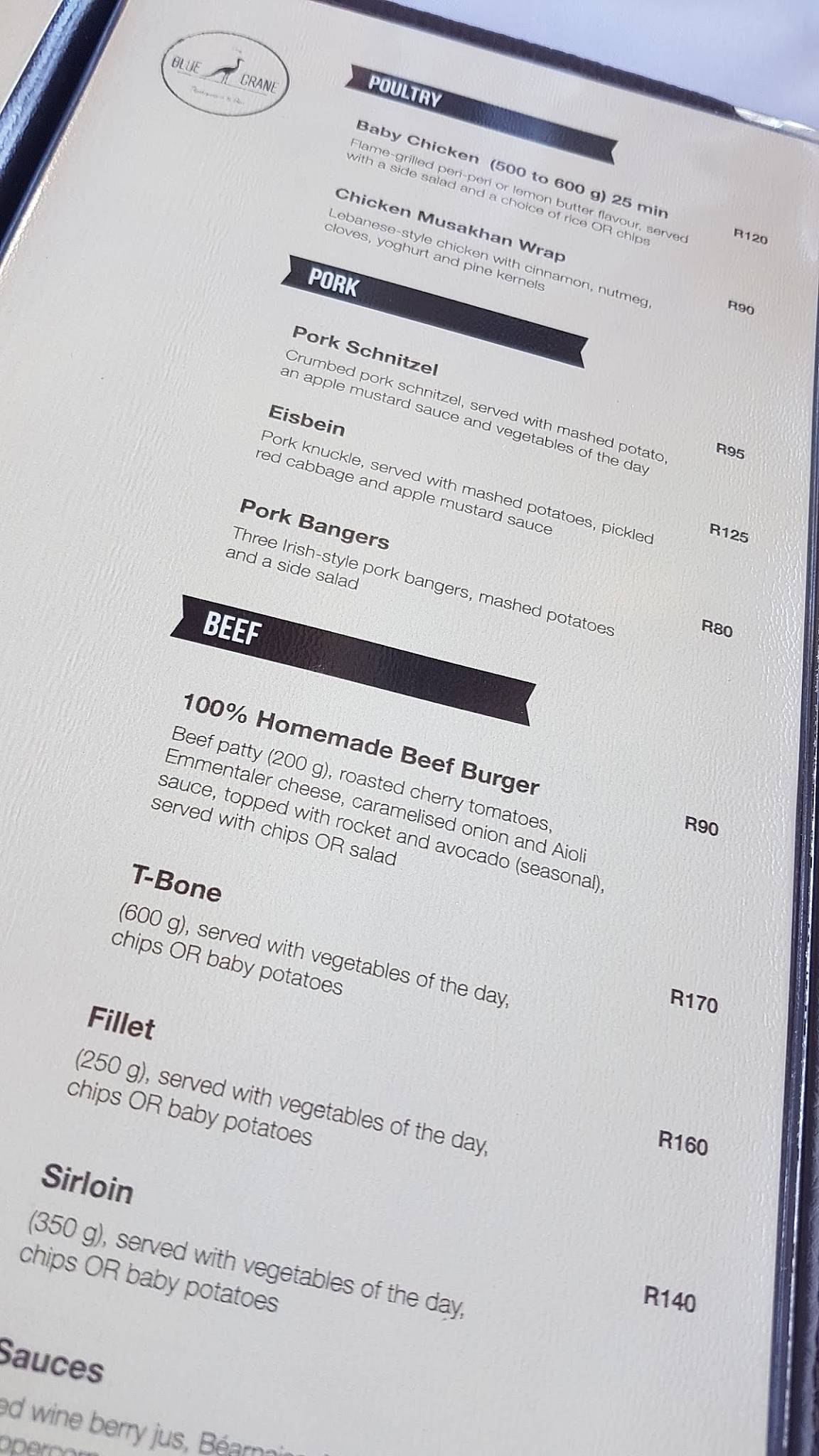 Menu at The Blue Crane Restaurant and Bar, Pretoria