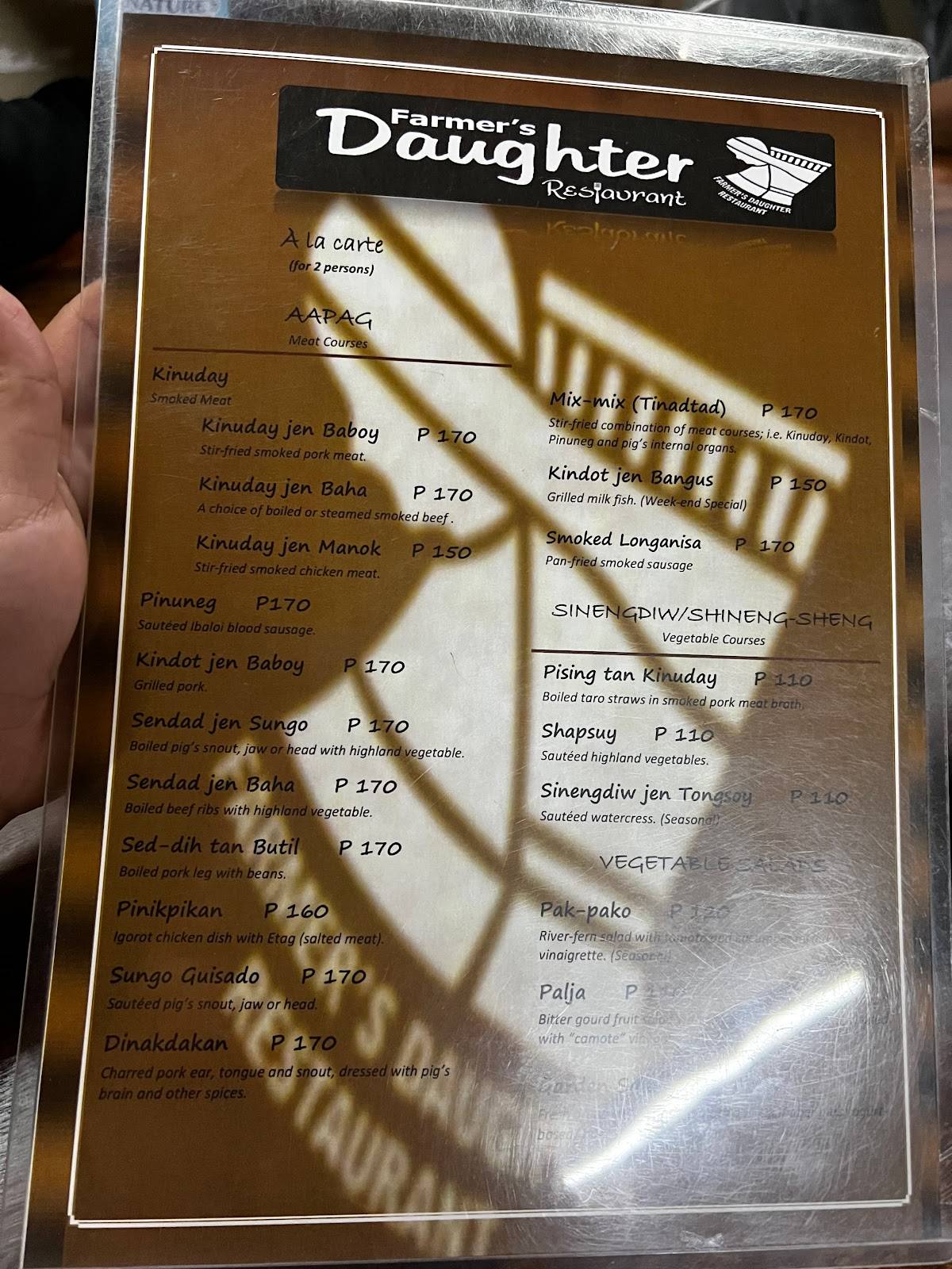 Menu at The Farmer's Daughter Restaurant, Baguio