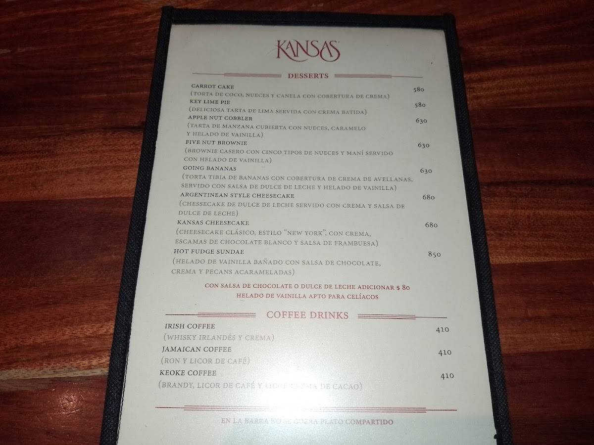 Carta del restaurante Kansas, San Isidro, Av. del Libertador 15089