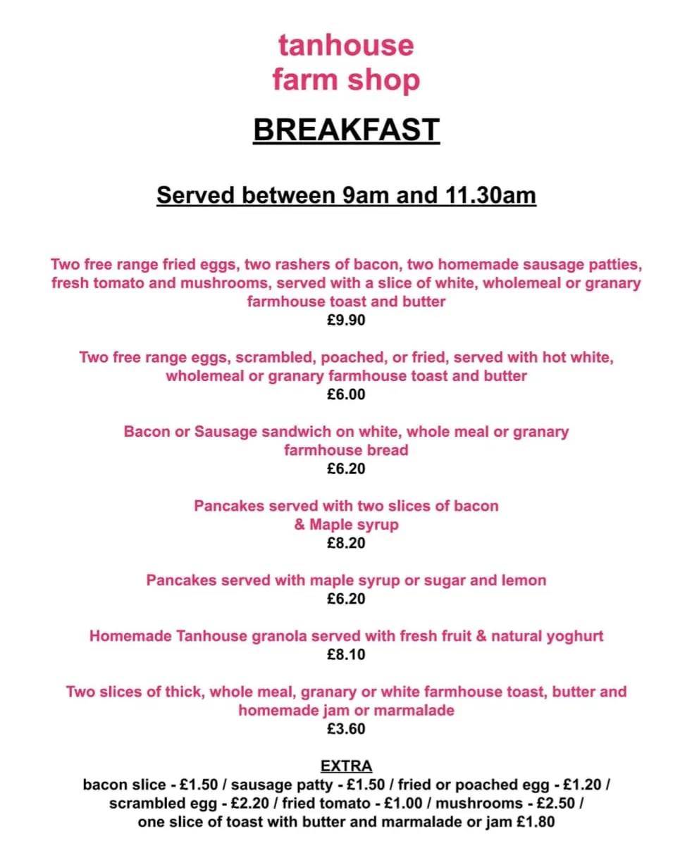 Menu at Tanhouse Farm Shop cafe, Newdigate