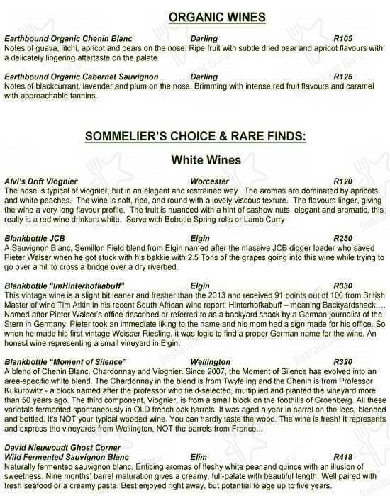 Menu at The Blue Crane Restaurant and Bar, Pretoria