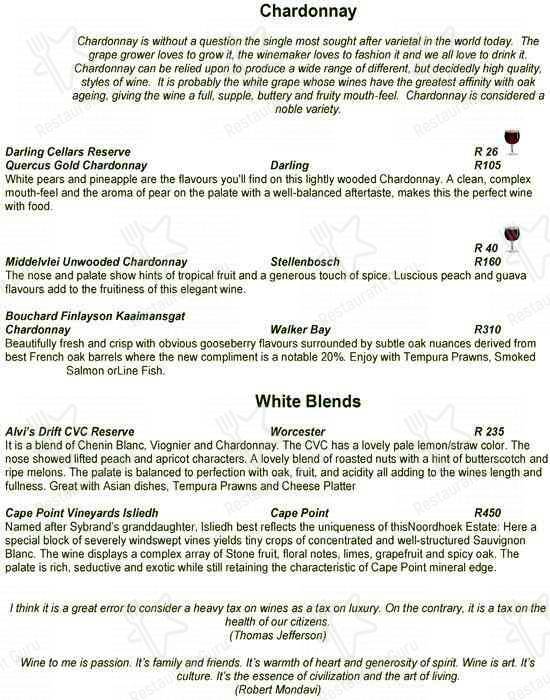 Menu at The Blue Crane Restaurant and Bar, Pretoria