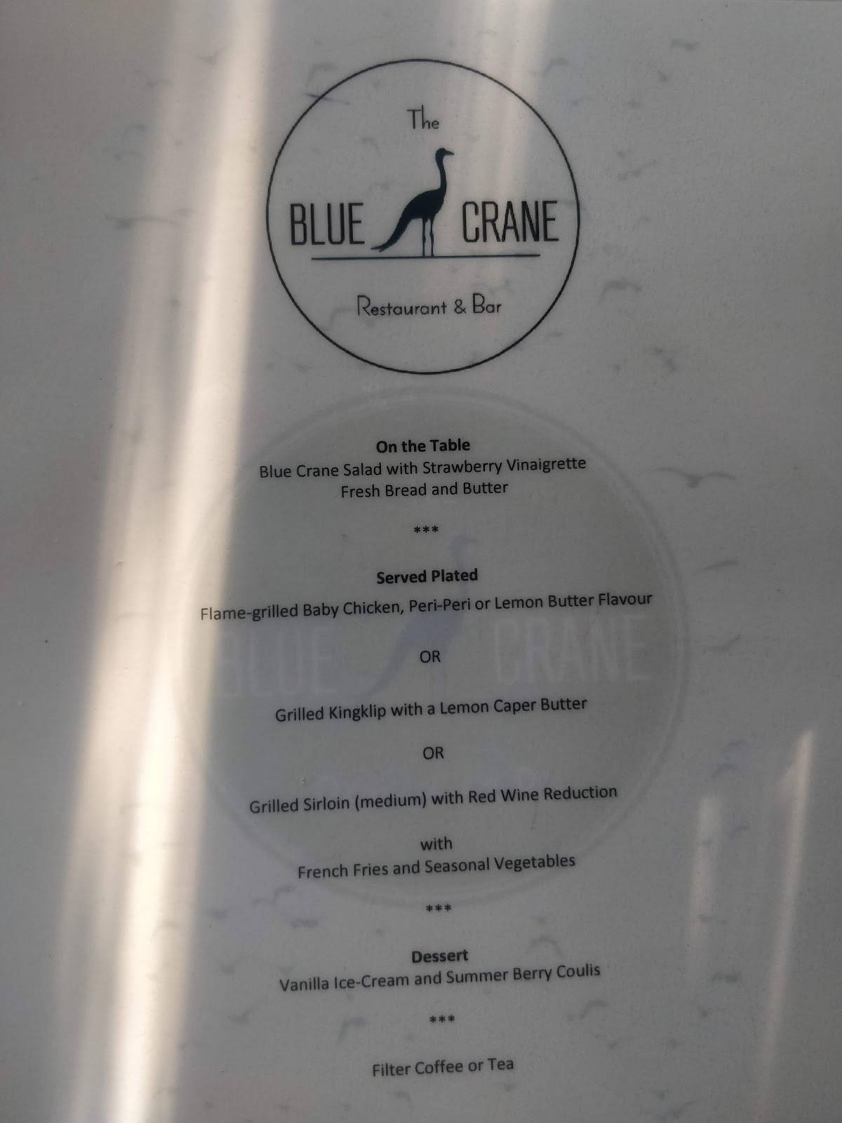 Menu at The Blue Crane Restaurant and Bar, Pretoria
