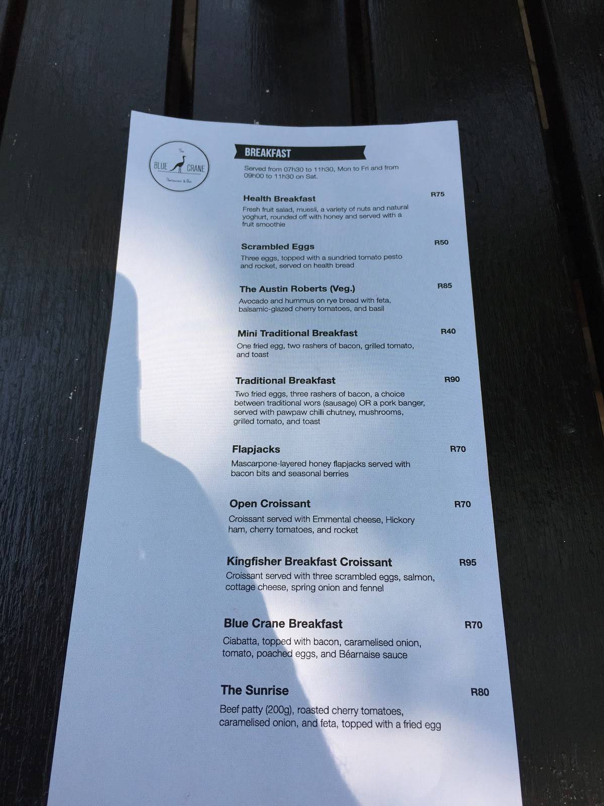 Menu at The Blue Crane Restaurant and Bar, Pretoria