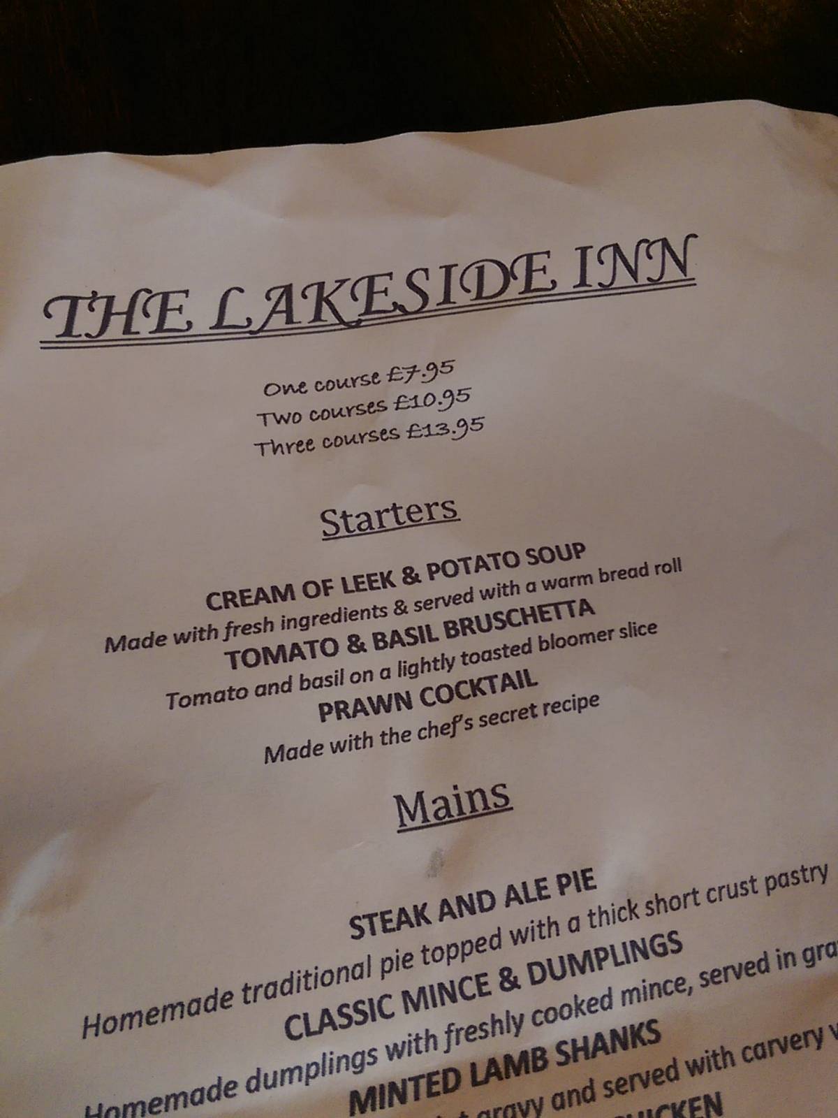 Menu at The Lakeside Inn pub & bar, Gateshead