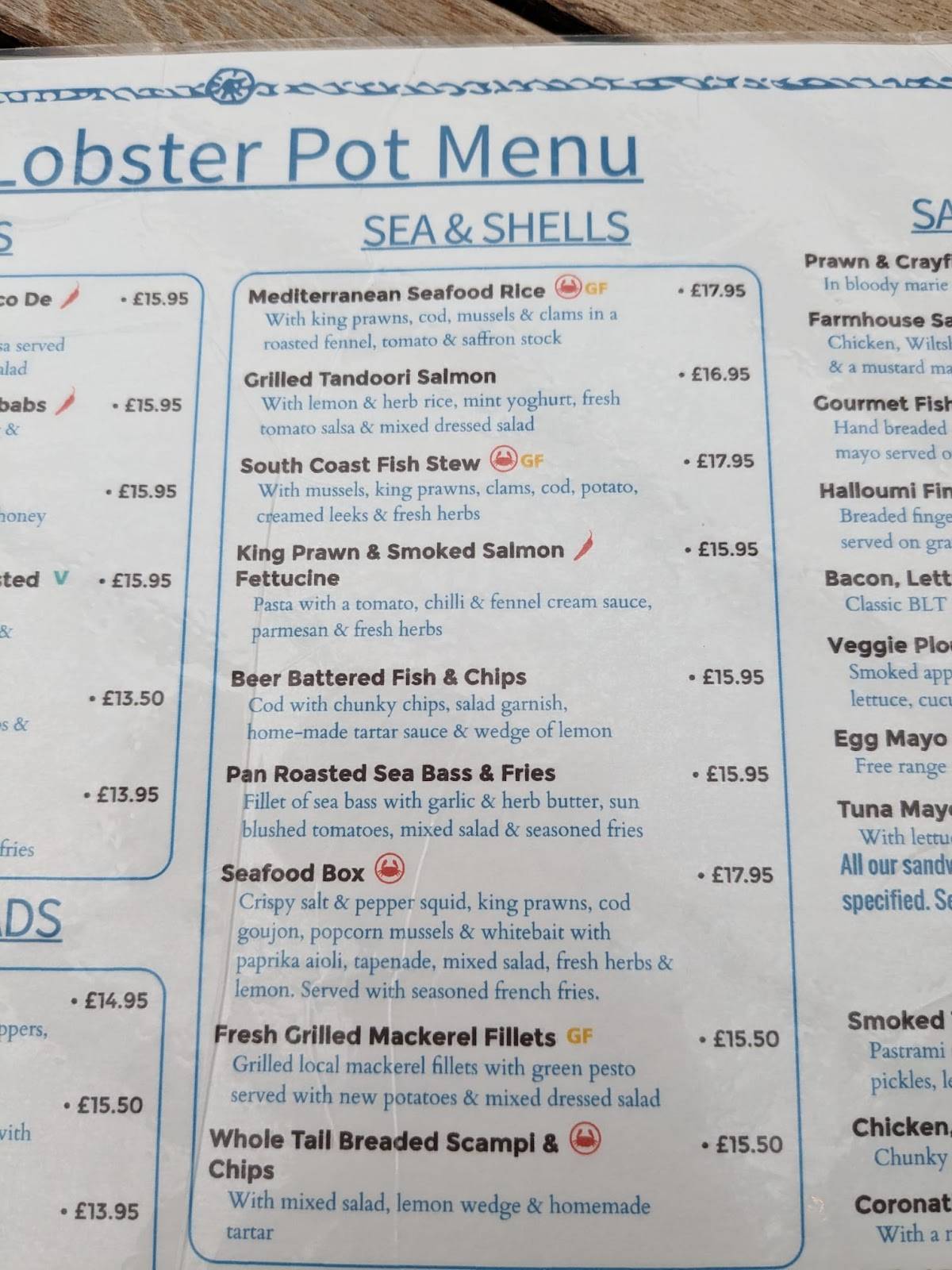 Menu at The Lobster Pot restaurant, Bognor Regis