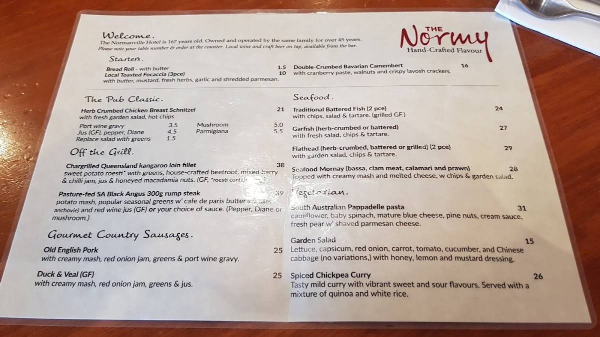 Menu at The Normanville Hotel restaurant, Normanville