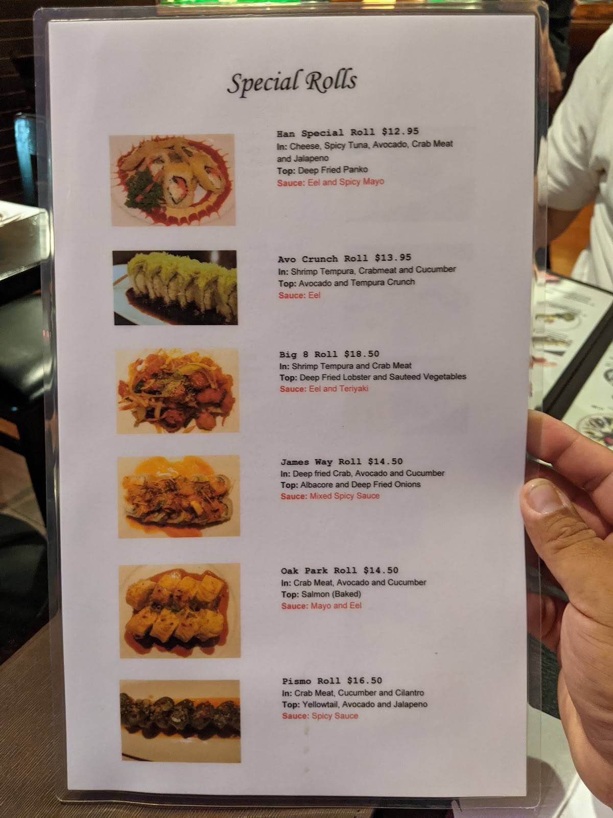 Menu at Wow Yanagi Sushi restaurant, Pismo Beach