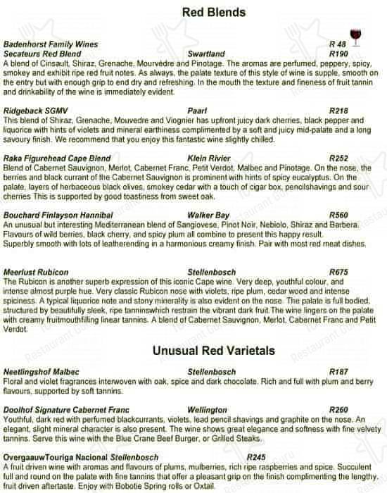 Menu at The Blue Crane Restaurant and Bar, Pretoria