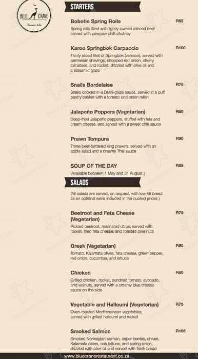 Menu at The Blue Crane Restaurant and Bar, Pretoria