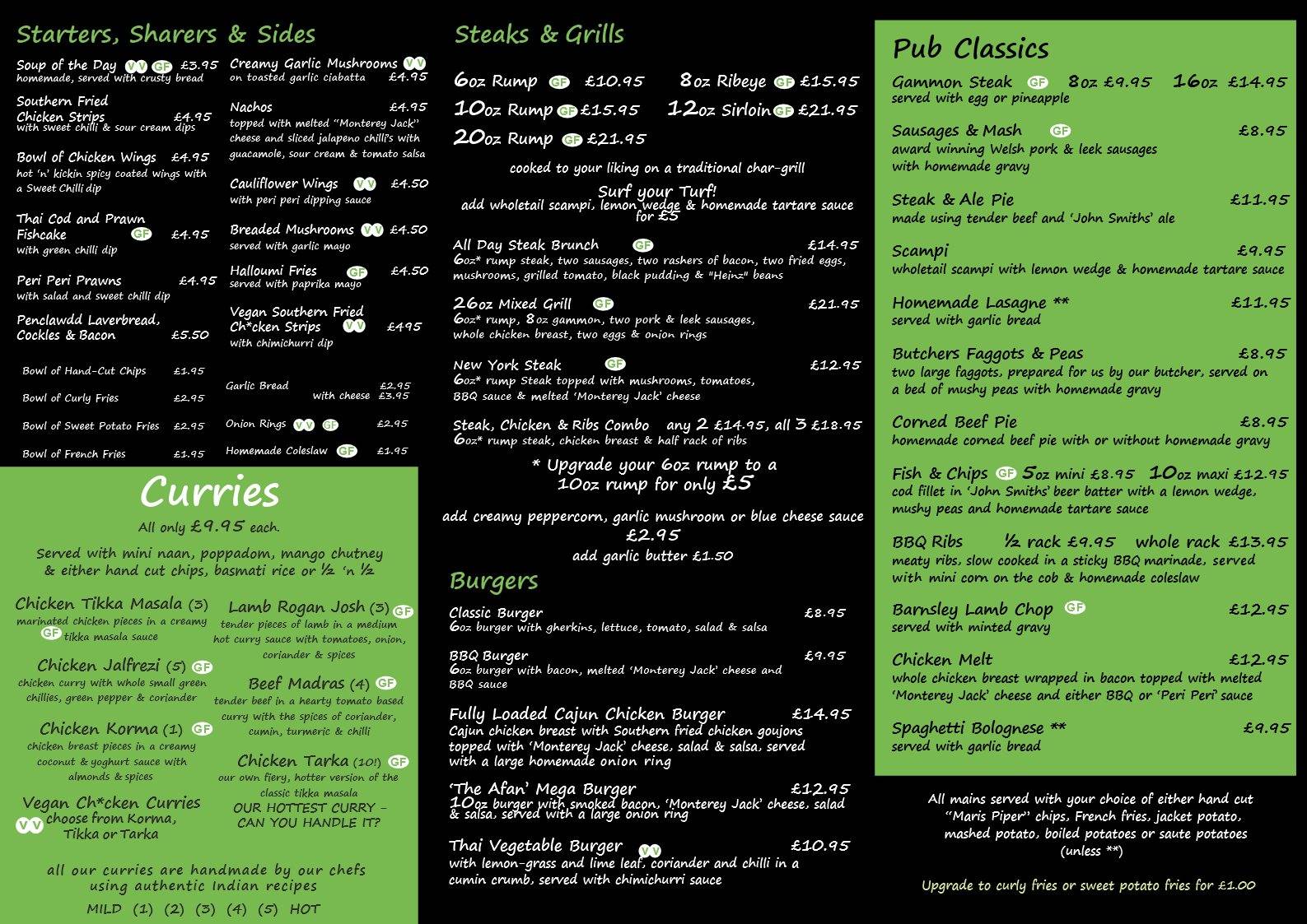 Menu at Afan Tavern pub & bar, Port Talbot