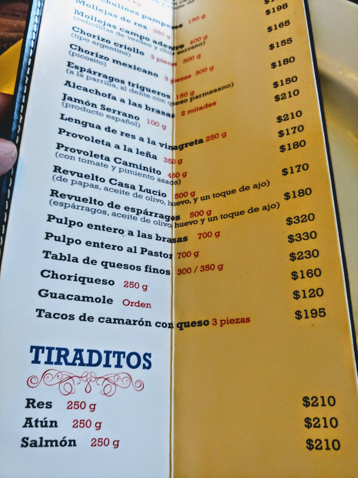 Carta de parrilla La Vaca Argentina, Saltillo