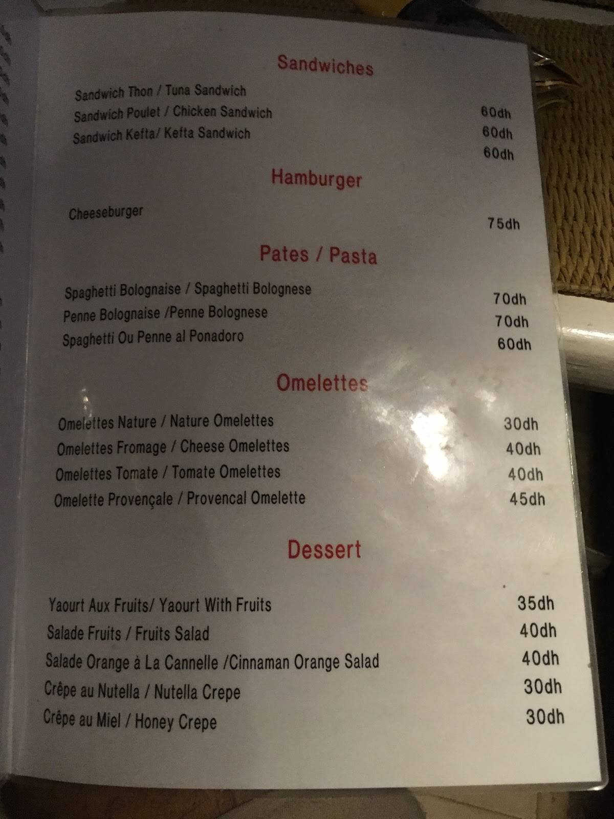 Menu au Atay Cafe, Marrakech