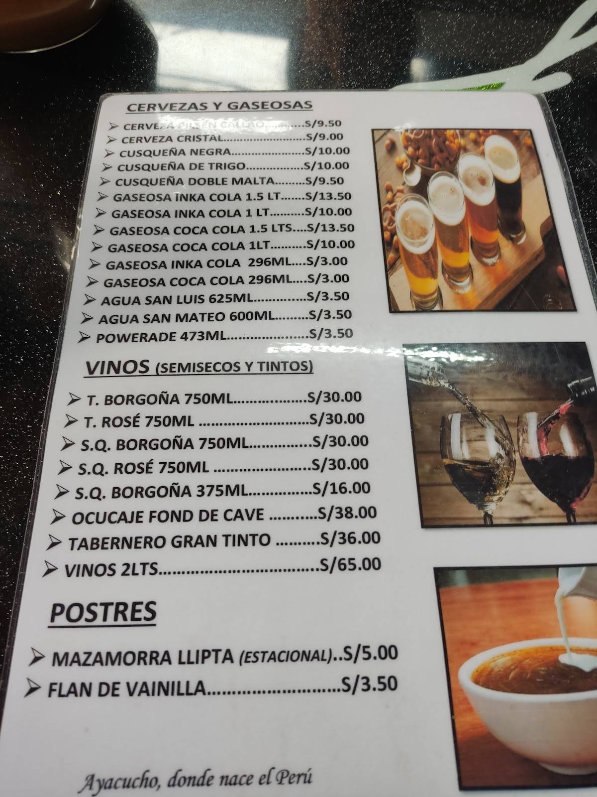 Carta de Restaurante Las Flores, Ayacucho, Jirón José Olaya 106