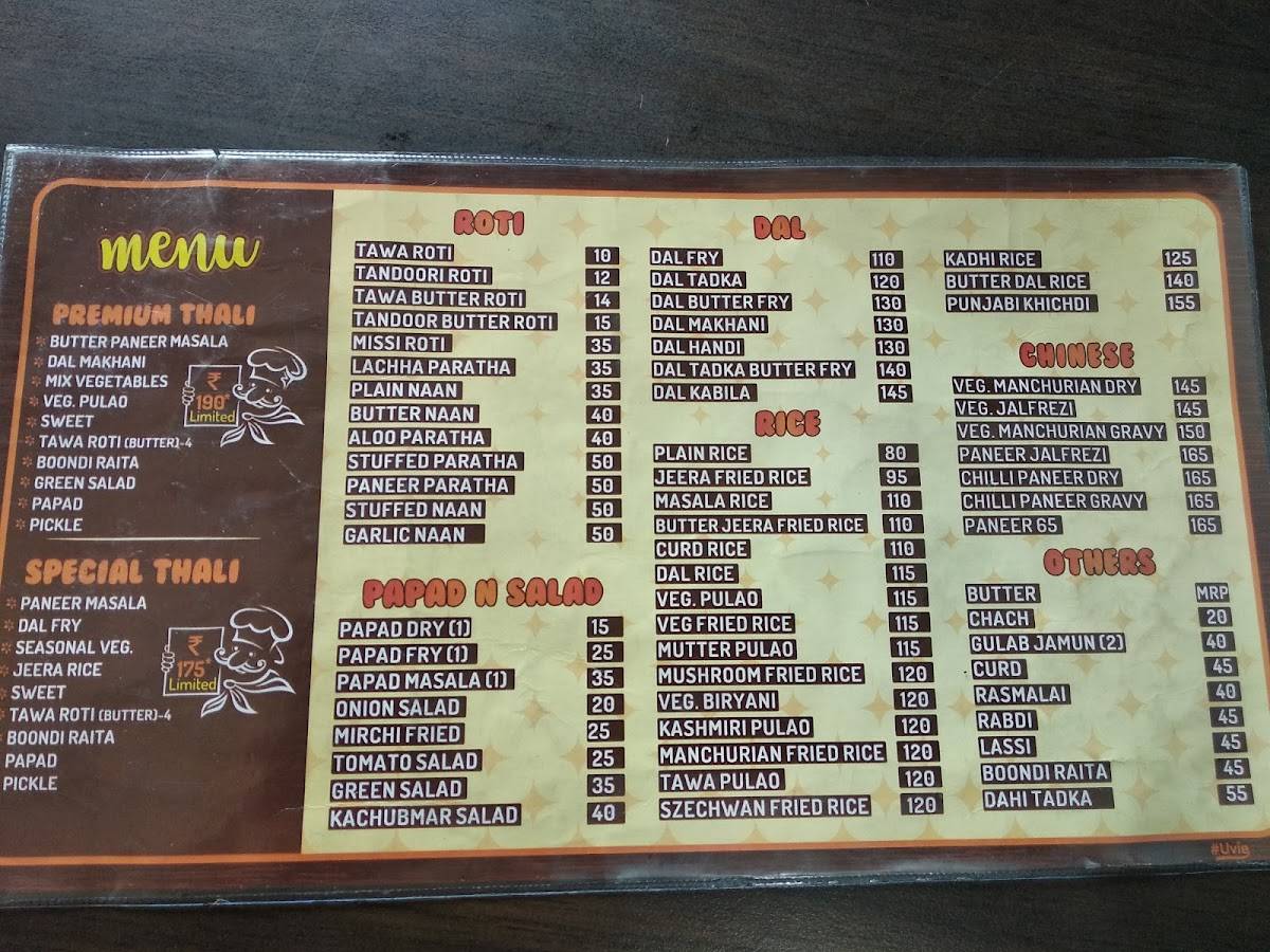 Menu at Bapu Ki Kutia, Bhopal, Roshanpura Naka