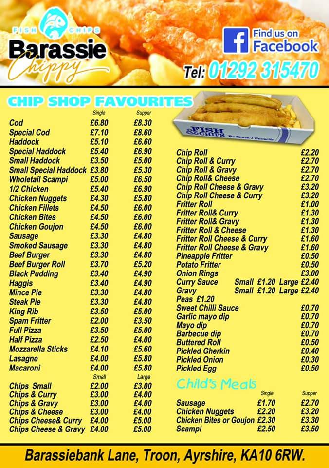 Menu at Barassie Chippy, Troon