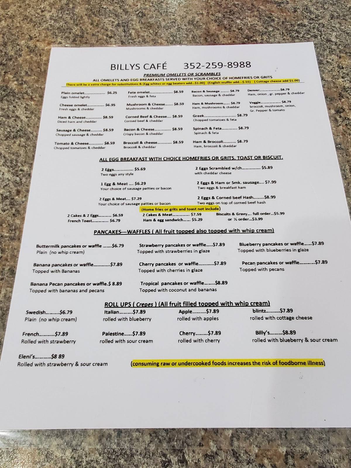 Menu at Billy's Cafe, Lady Lake