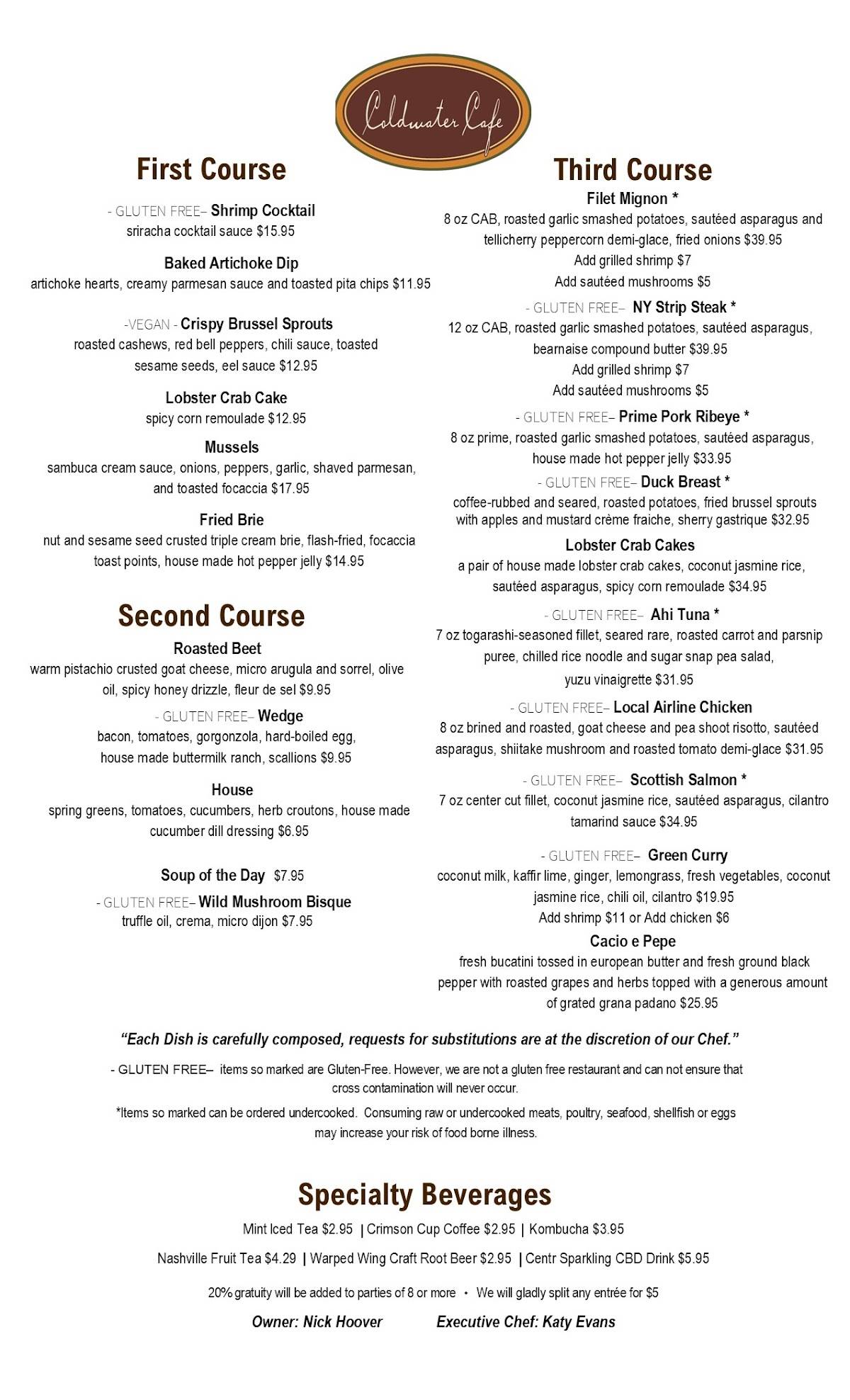 Menu at Coldwater Café restaurant, Tipp City