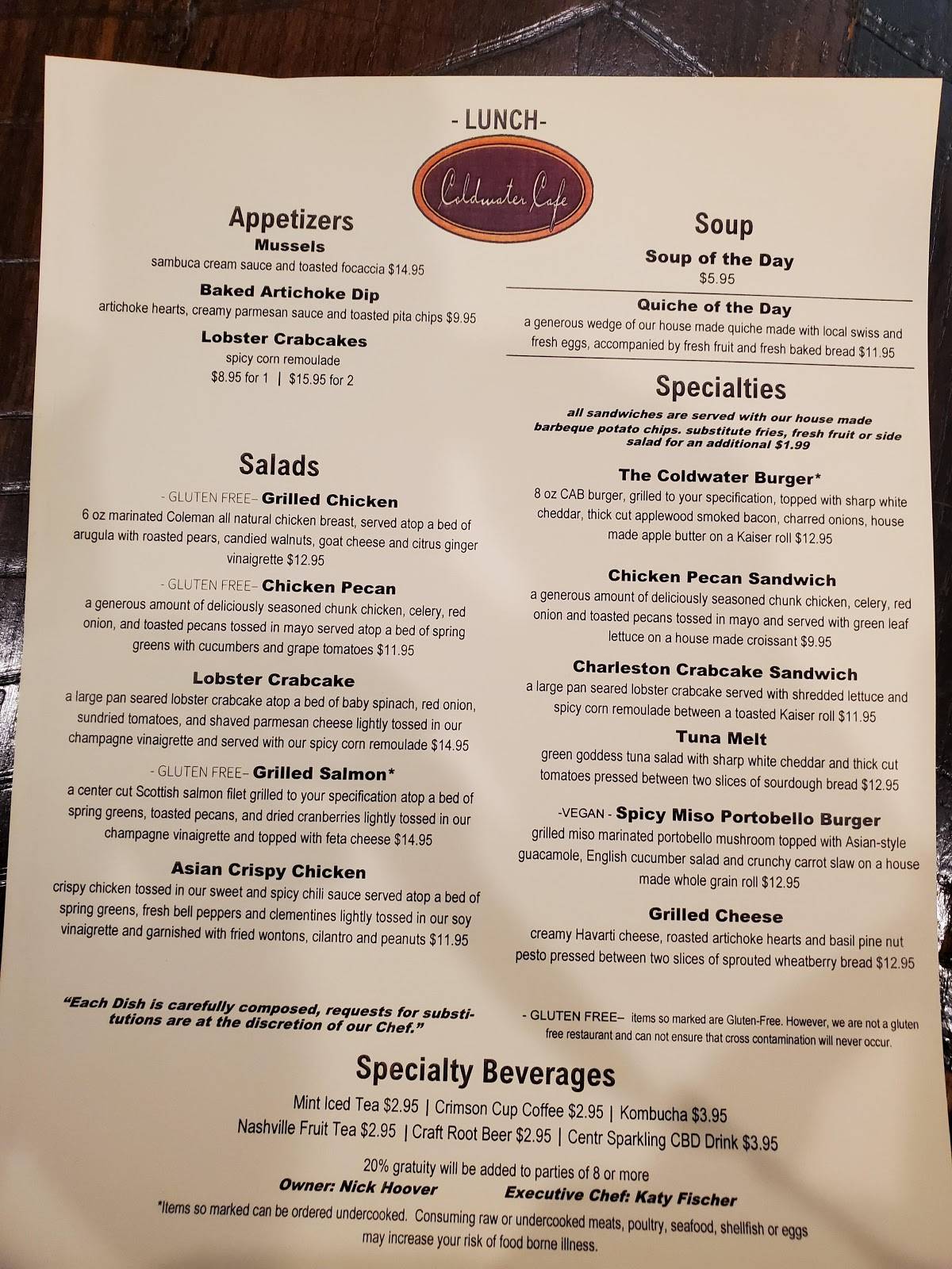 Menu at Coldwater Café restaurant, Tipp City